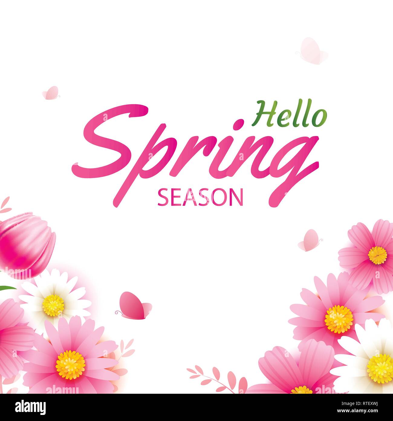 Hello spring greeting card and invitation with blooming flowers ...