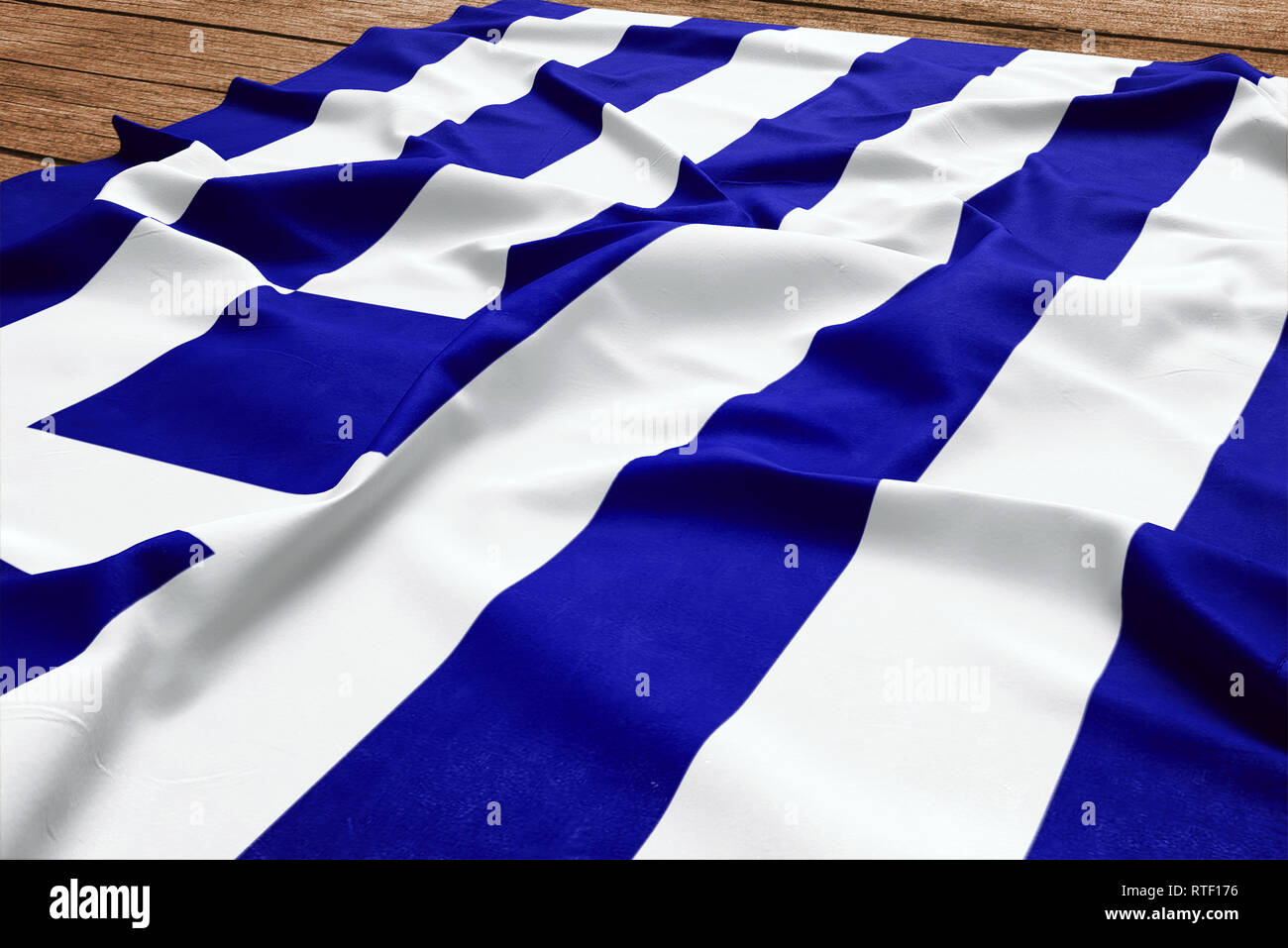 Flag of Greece on a wooden desk background. Silk Greek flag top view ...