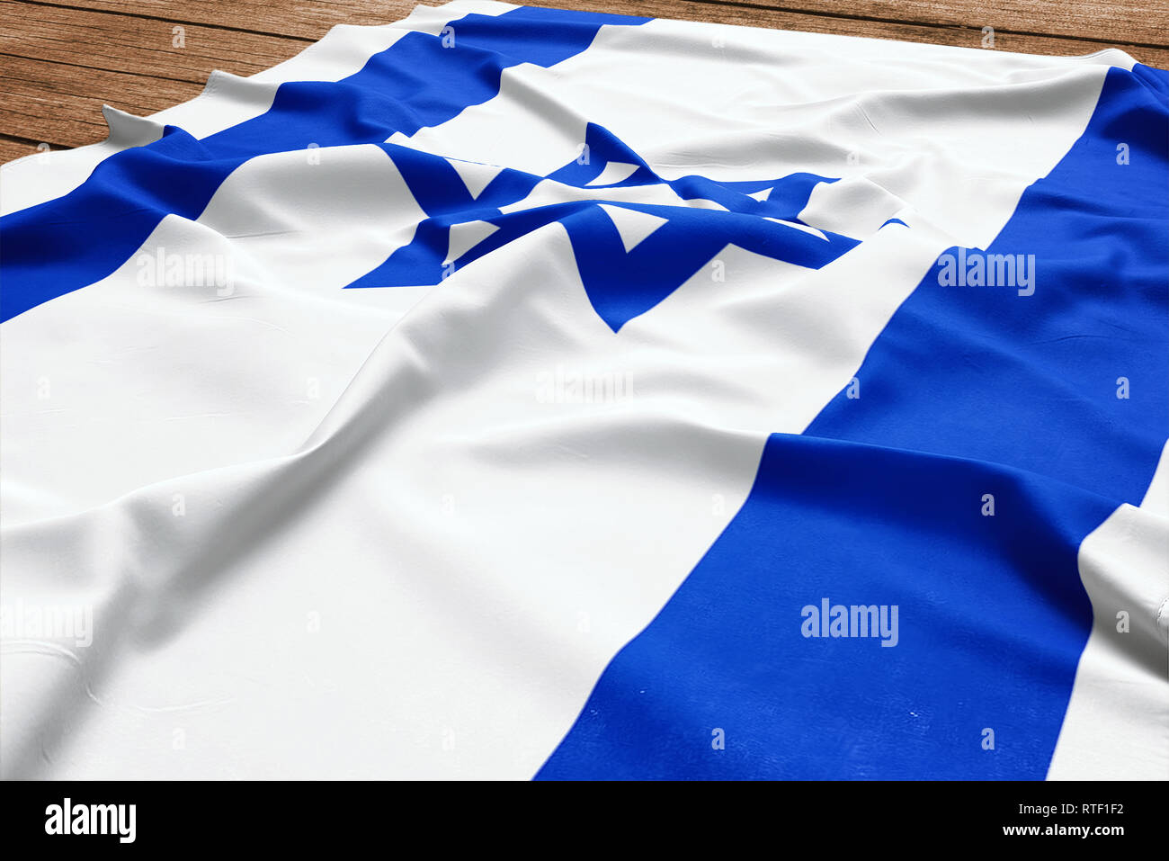 Flag of Israel on a wooden desk background. Silk Israeli flag top view ...