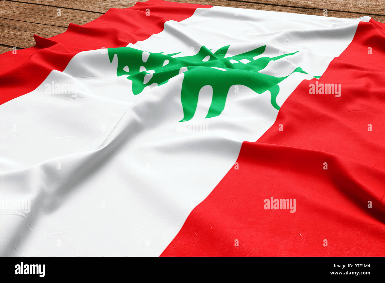 Flag of Lebanon on a wooden desk background. Silk Lebanese flag top ...