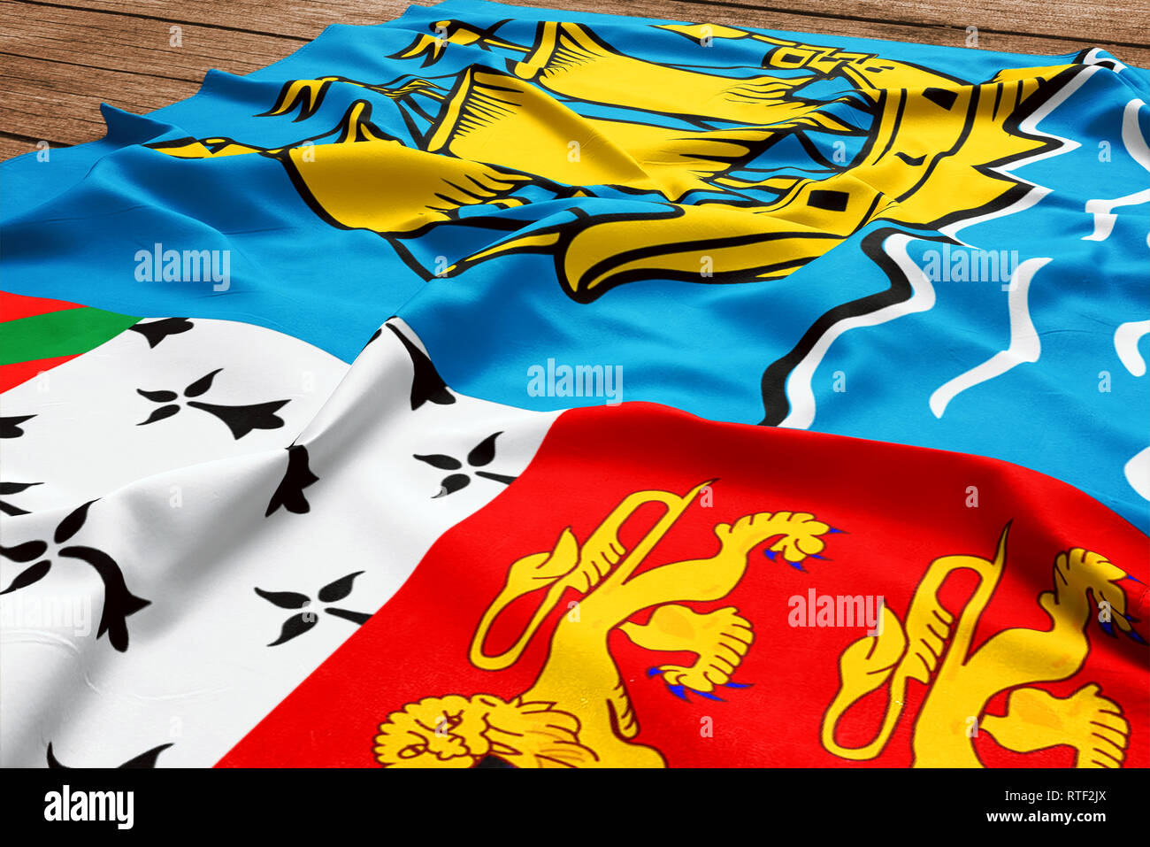 Flag of Saint Pierre And Miquelon on a wooden desk background. Silk ...