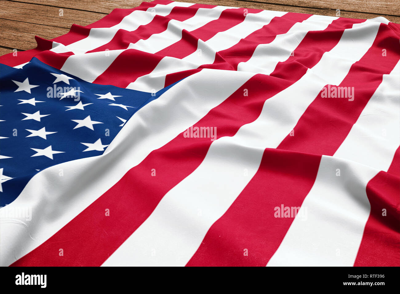 Flag of United States on a wooden desk background. Silk American flag ...