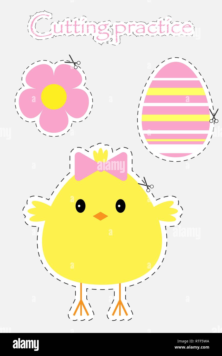 Easter egg, chick and flower in cartoon style, cutting practice ...