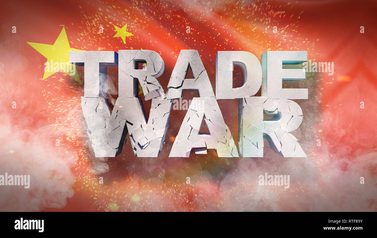 Trade war concept. Cracked text on flag of China. 3D illustration Stock ...