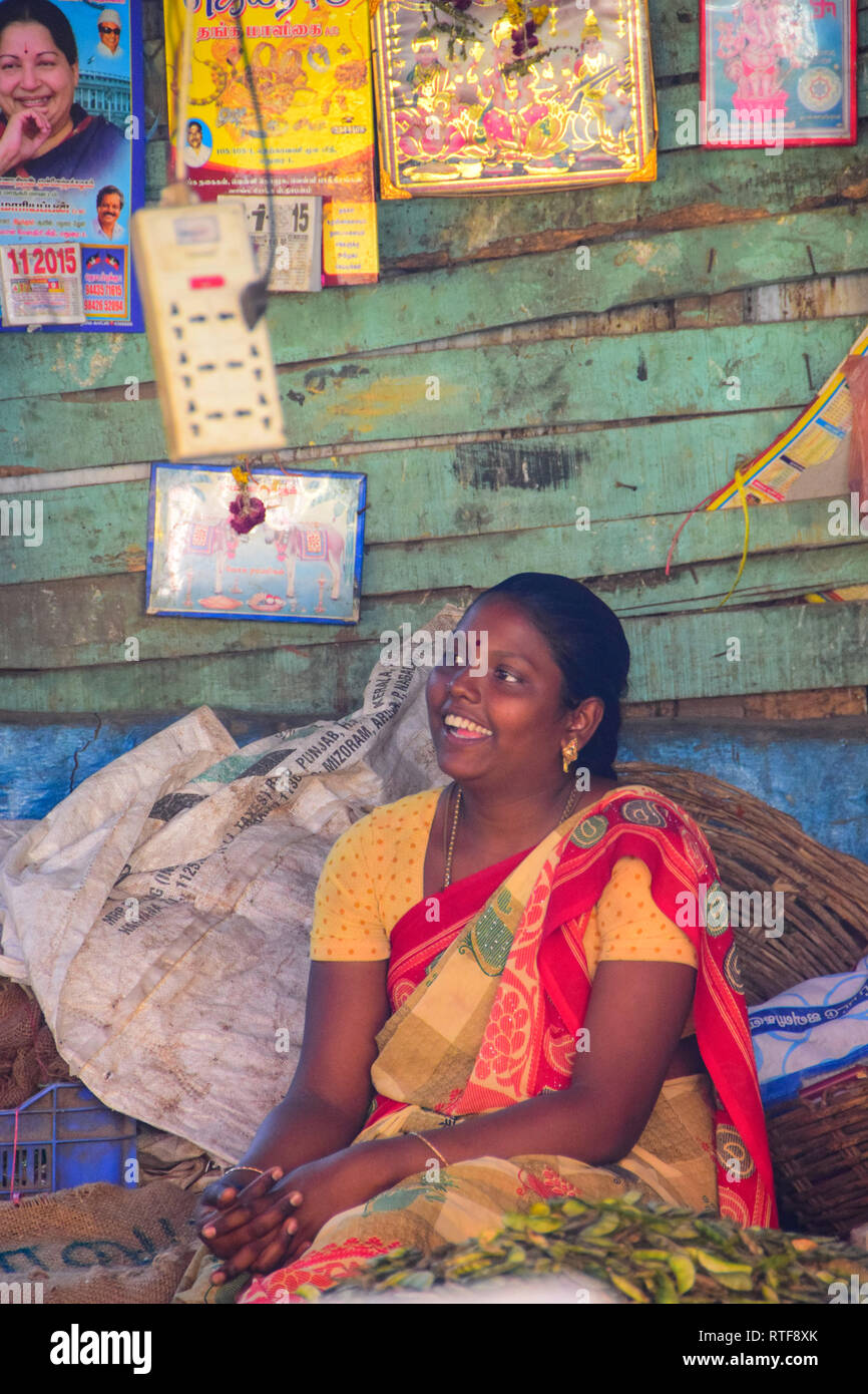 Indian Lady in saree smiling, Madurai, Tamil Nadu, India Stock Photo ...