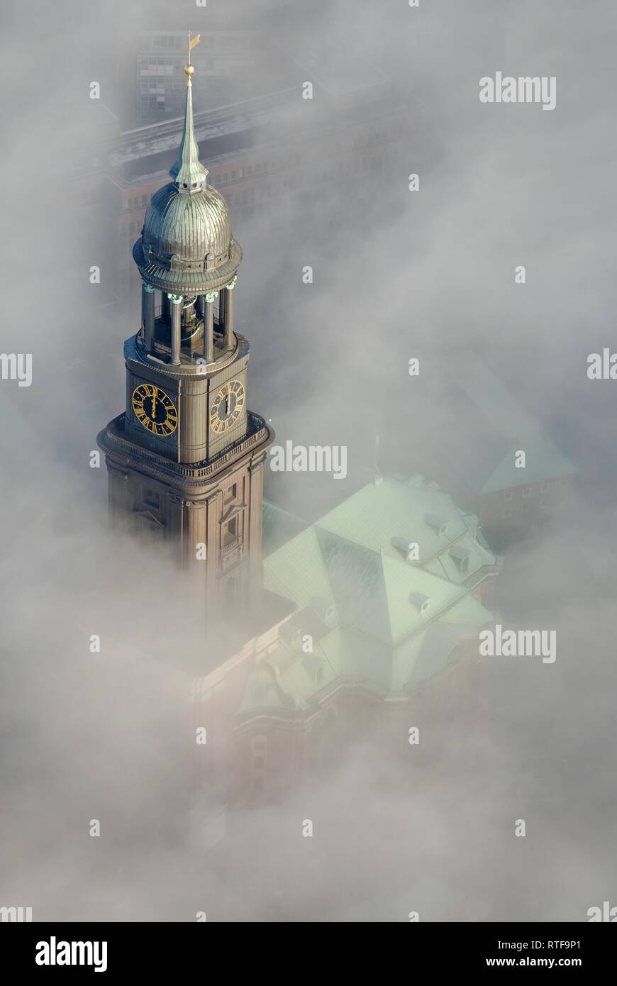 Aerial view, church tower of St. Michaelis in Wolken, Hamburg, Germany ...