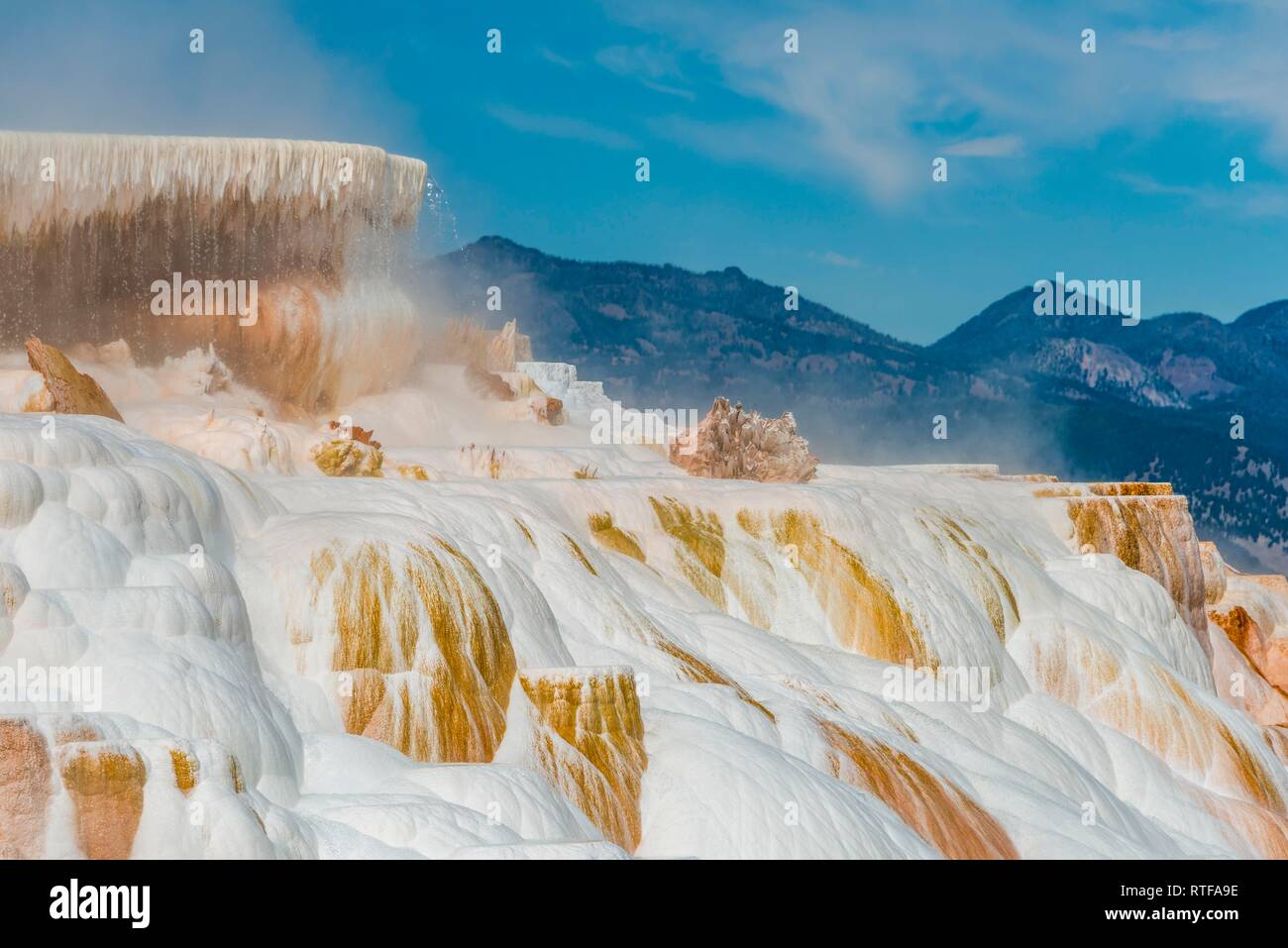 Sinter terraces with calcareous tuff deposits, hot springs, colorful ...
