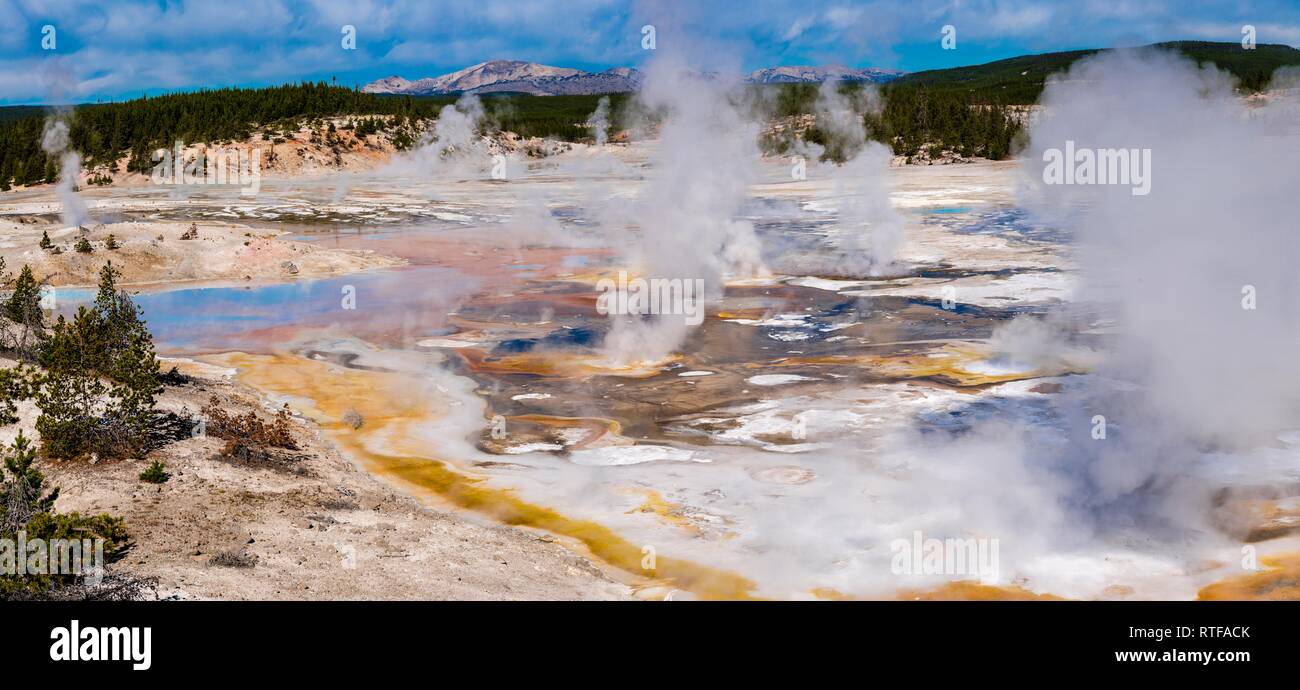 Steaming geysers, hot springs, colorful mineral deposits in the ...