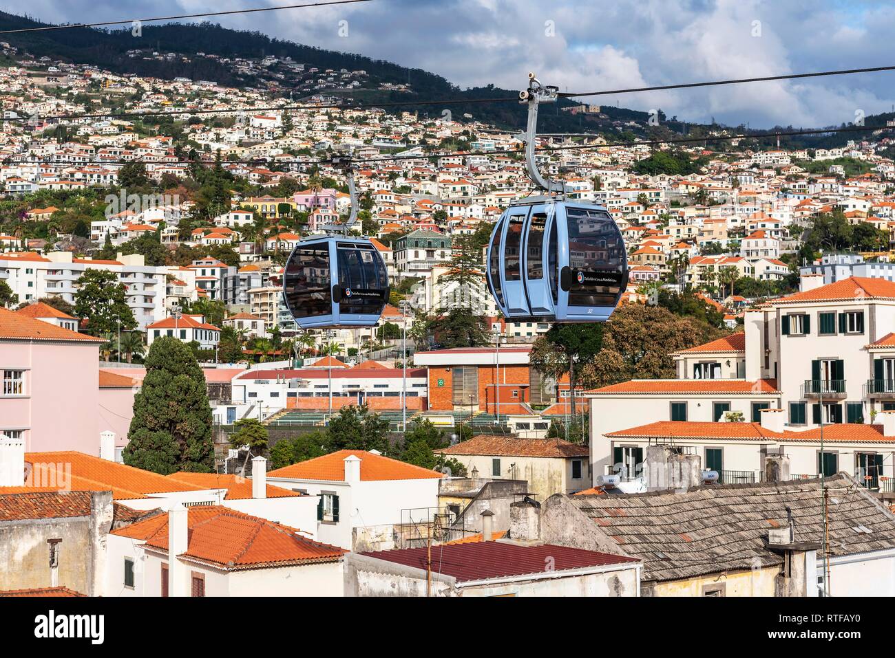 Two cable cars above the roofs of the city, cable car, Teleferico ...