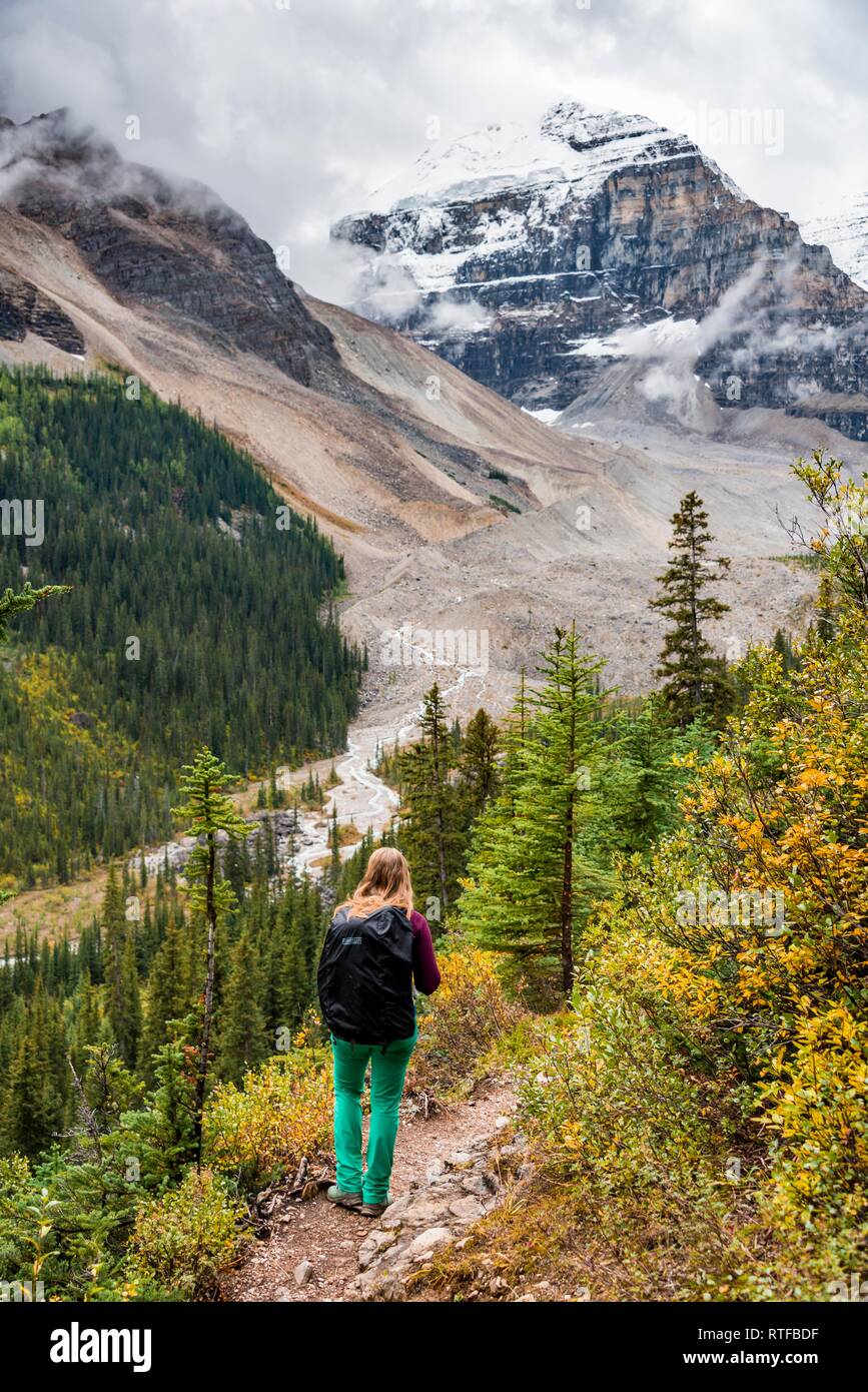 Hiker, Glacier of Mount Victoria, Plain of Six Glaciers, near Lake ...