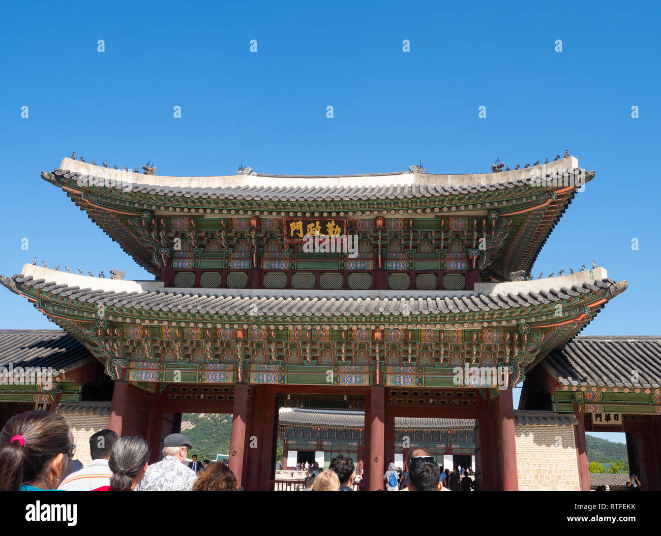The dancheong or folk painting on the wooden Gyeongbokgung palace in ...