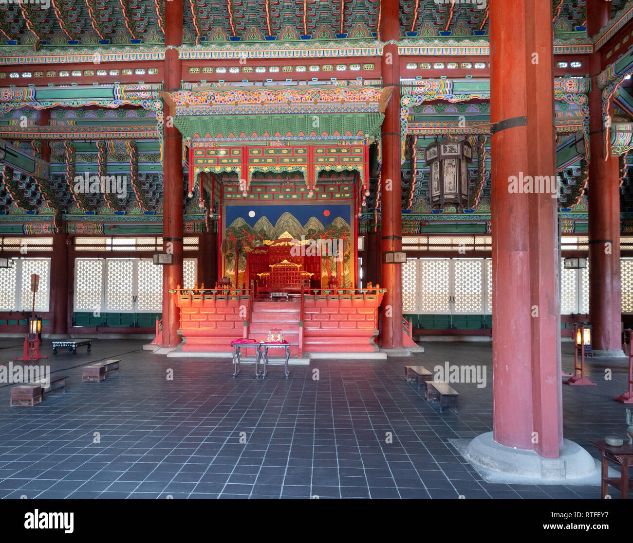 Throne with mural and dancheong or folk painting in the Gyeongbokgung ...