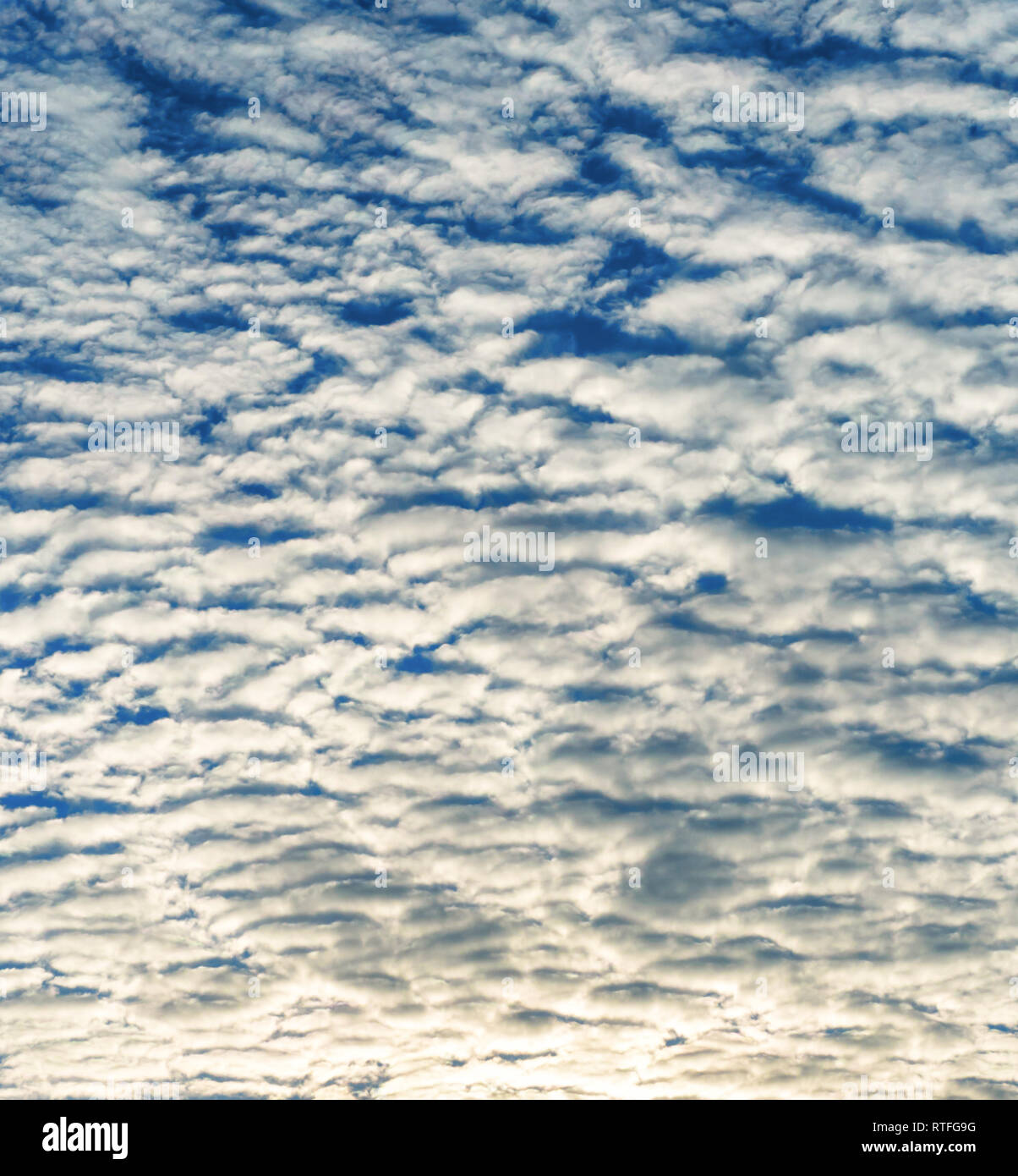 vertical background of fantastic white cloudscape in blue sky at sunset ...