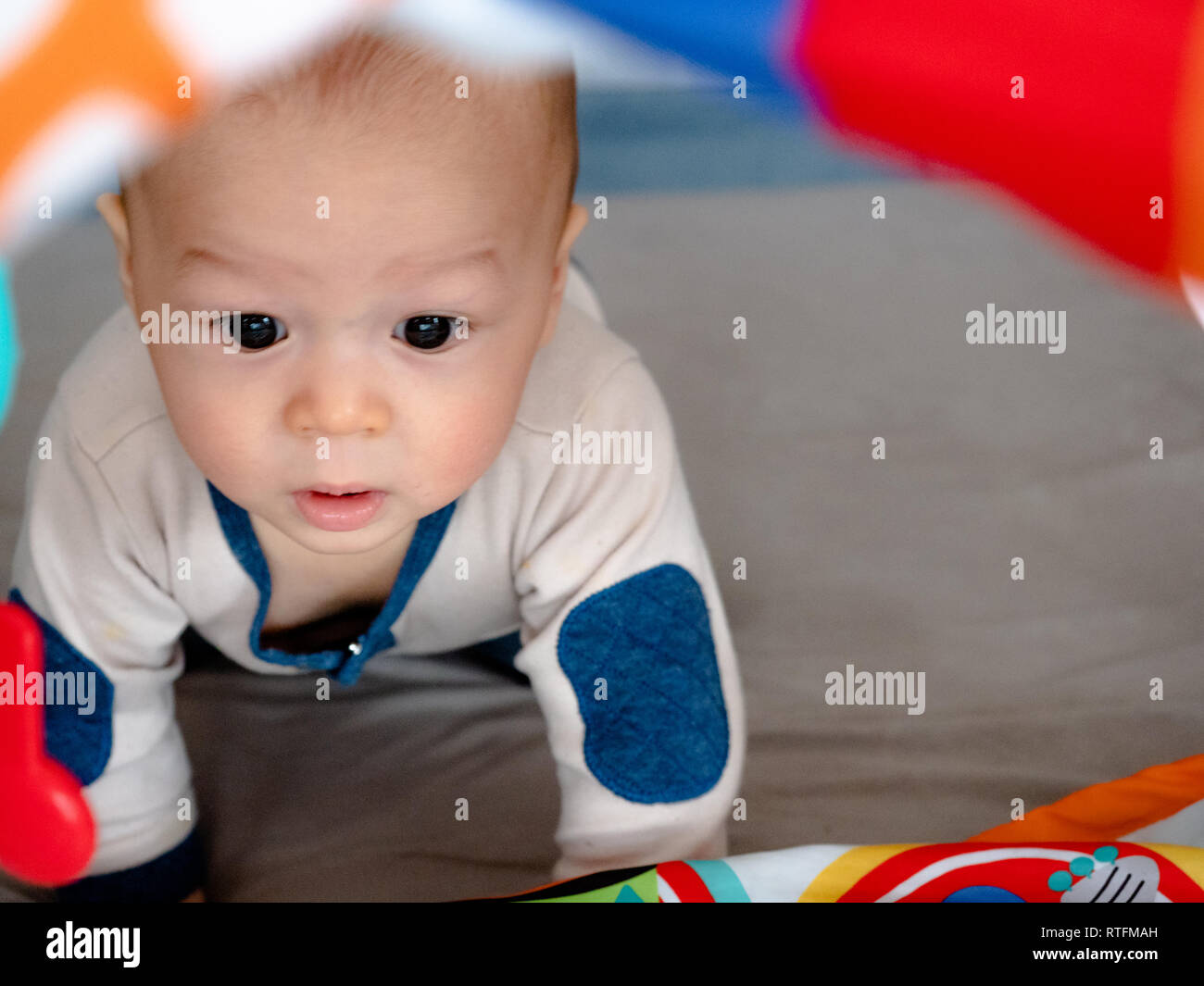 4 months old mixed race Asian Caucasian boy looking happy smiling and ...