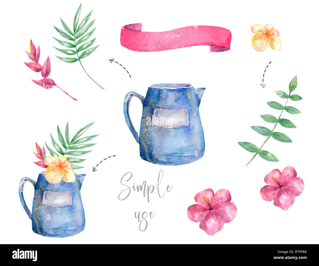 Watercolor watering can clip art drawing feather illustration Stock ...