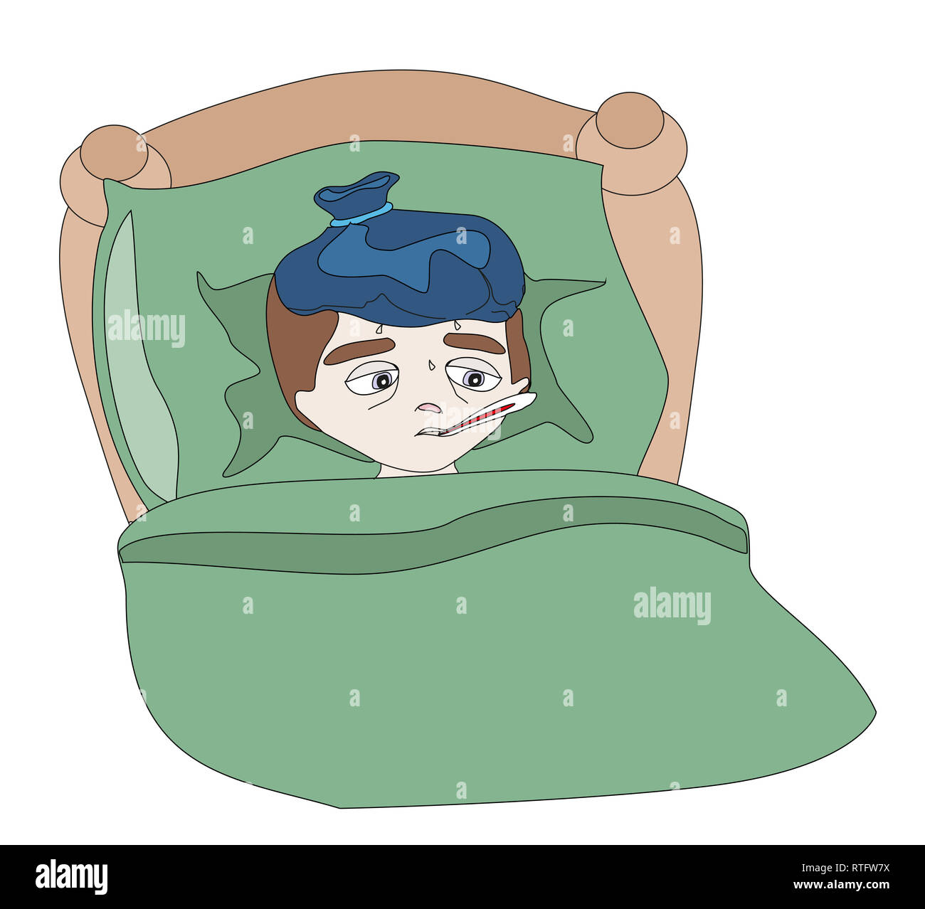 Illustration of a Sick boy lying in bed Stock Photo - Alamy