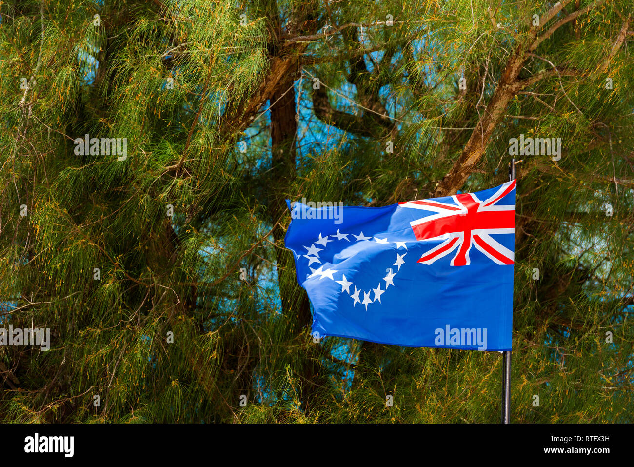 View of the flag of the Cook Islands, Rarotonga, Aitutaki, Cook Islands ...