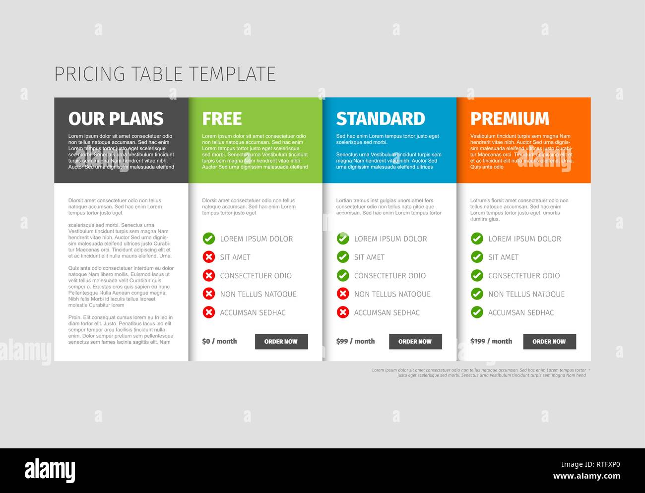 Product / service versions comparison cards - with description Stock ...