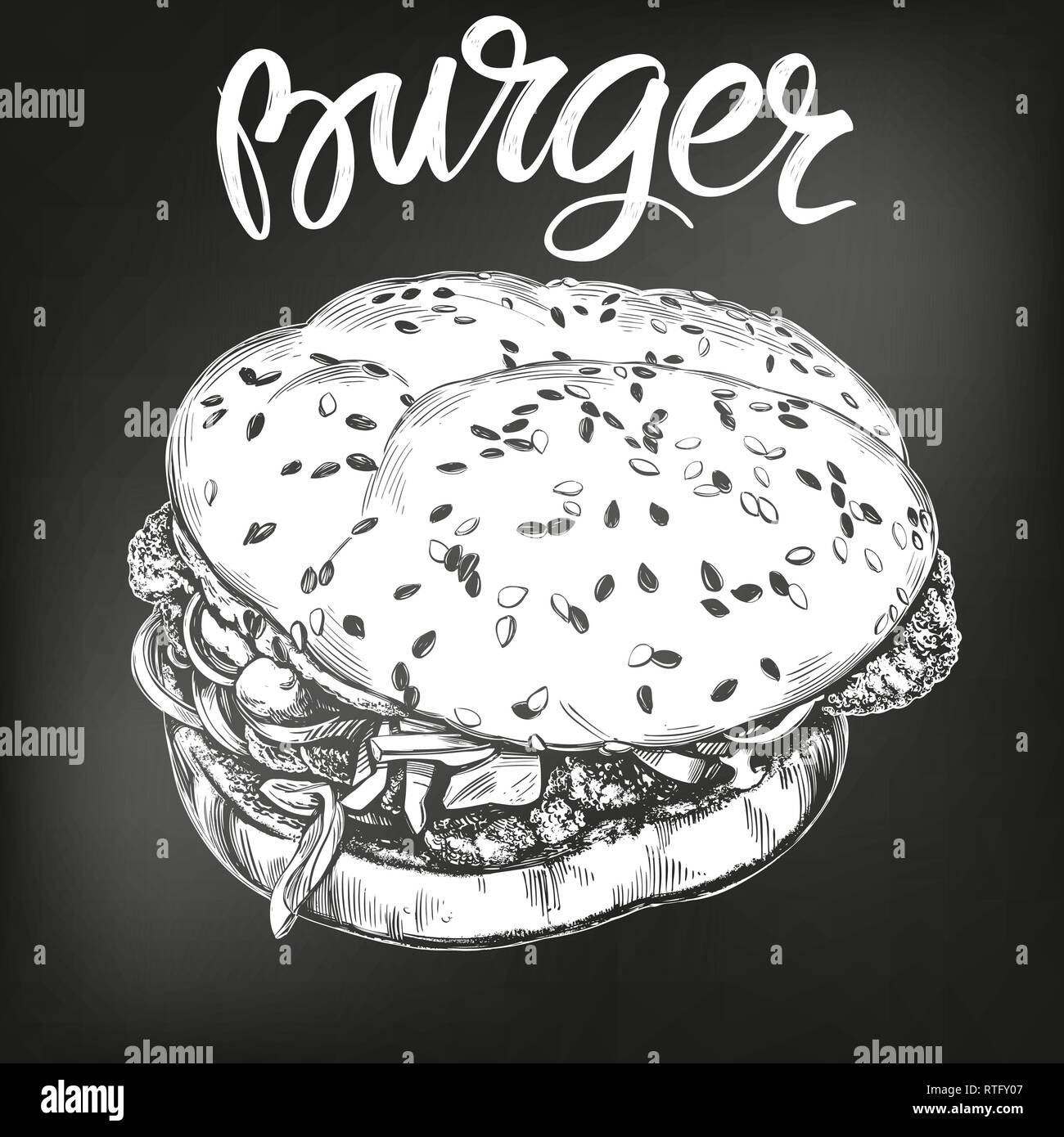 burger, hamburger hand drawn vector illustration sketch. chalk menu ...