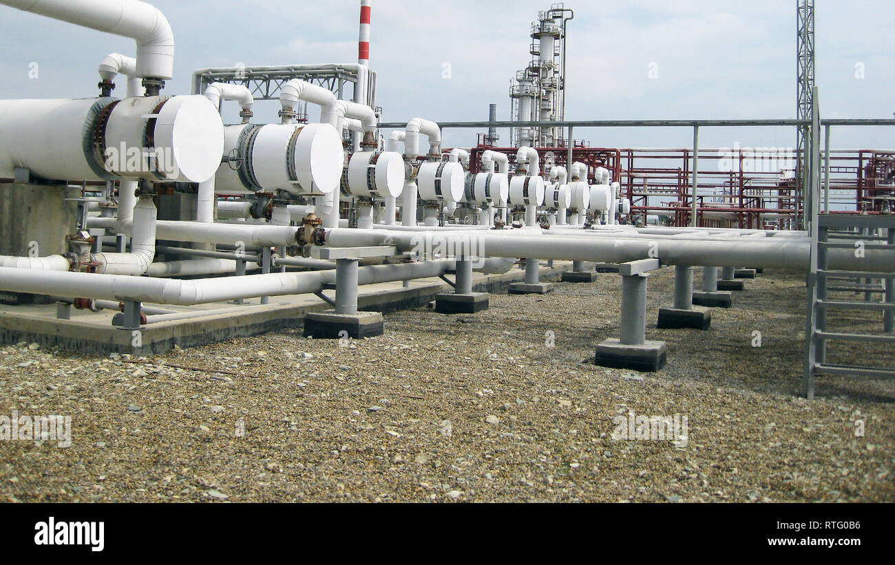 Heat exchangers in a refinery. The equipment for oil refining Stock ...