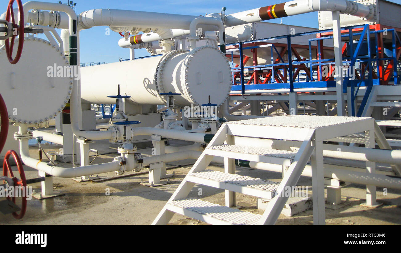 Heat exchangers in a refinery. The equipment for oil refining Stock ...