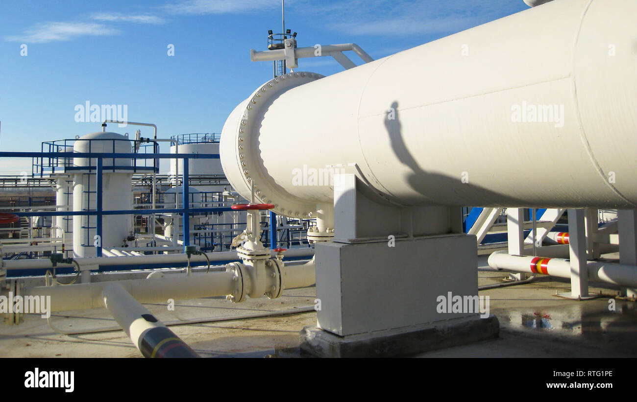 Heat exchangers in a refinery. The equipment for oil refining Stock ...