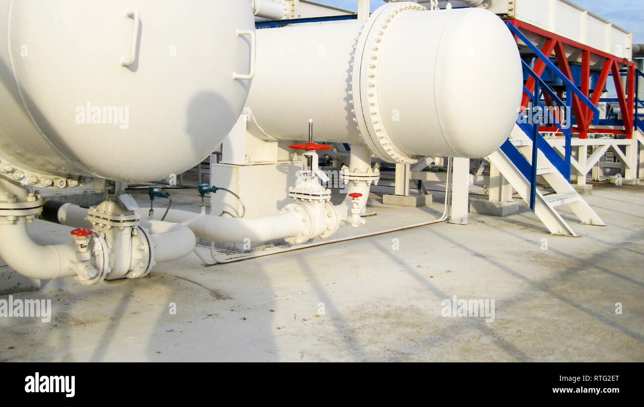Heat exchangers in a refinery. The equipment for oil refining Stock ...