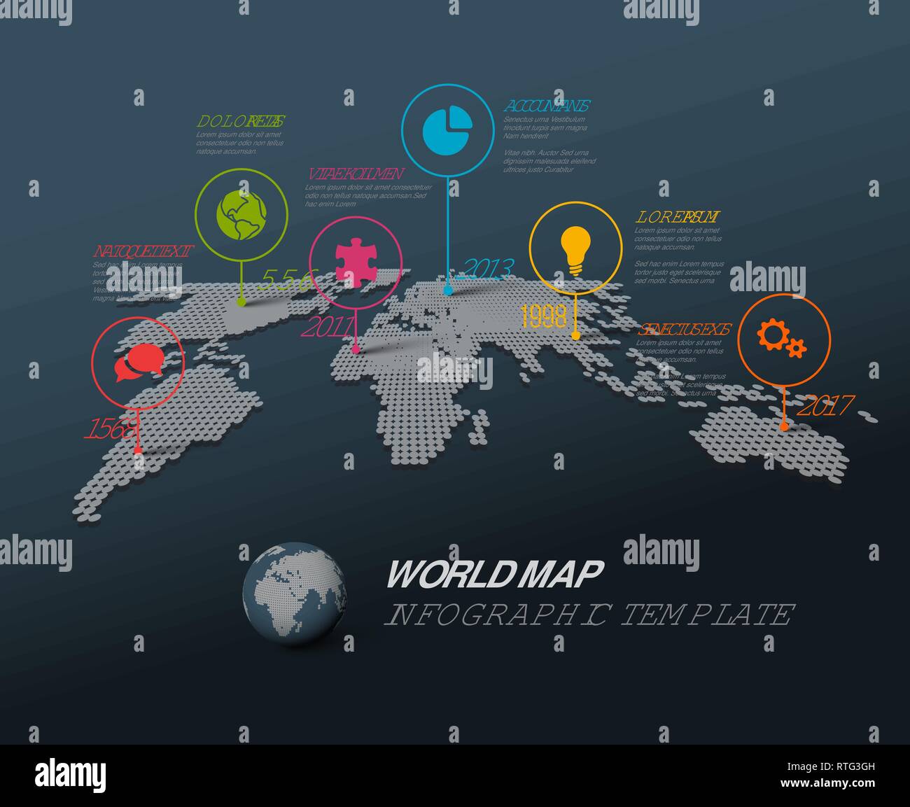 Dark World map with circle pointer marks and simple icons Stock Vector Image & Art - Alamy