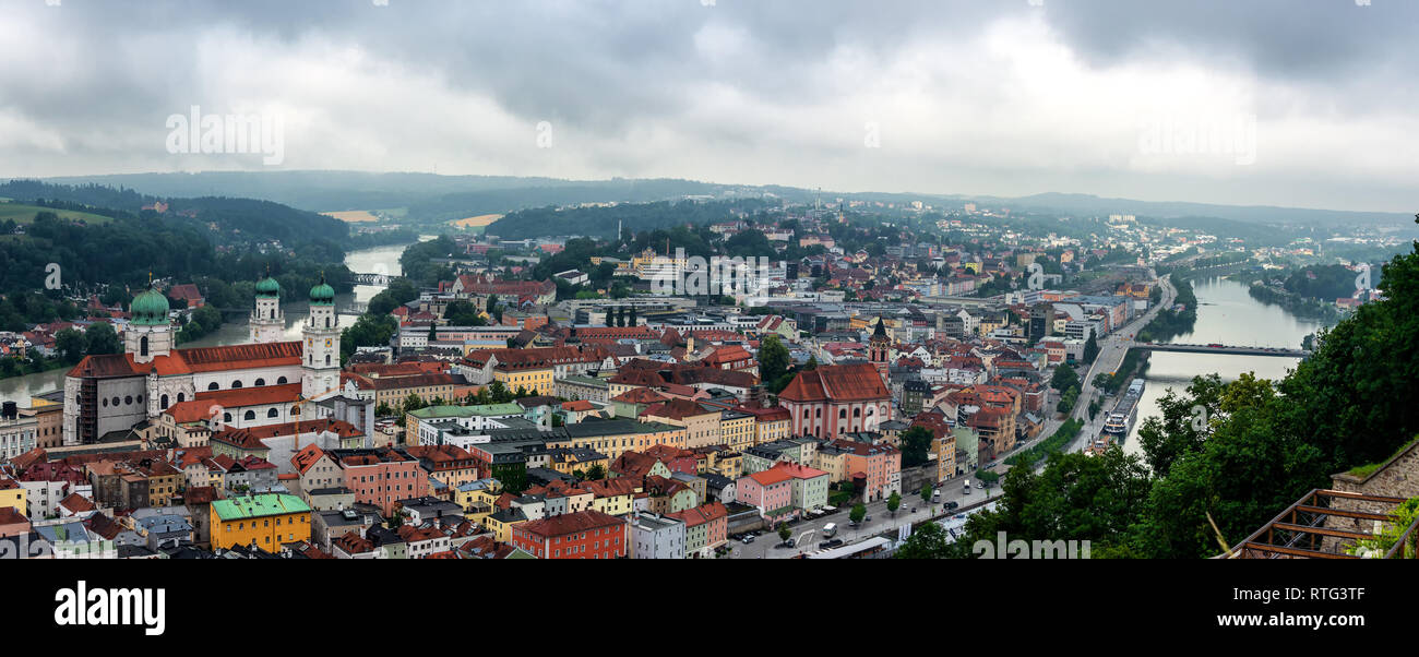 Historical Passau Old Town situated between Danube and Inn rivers ...