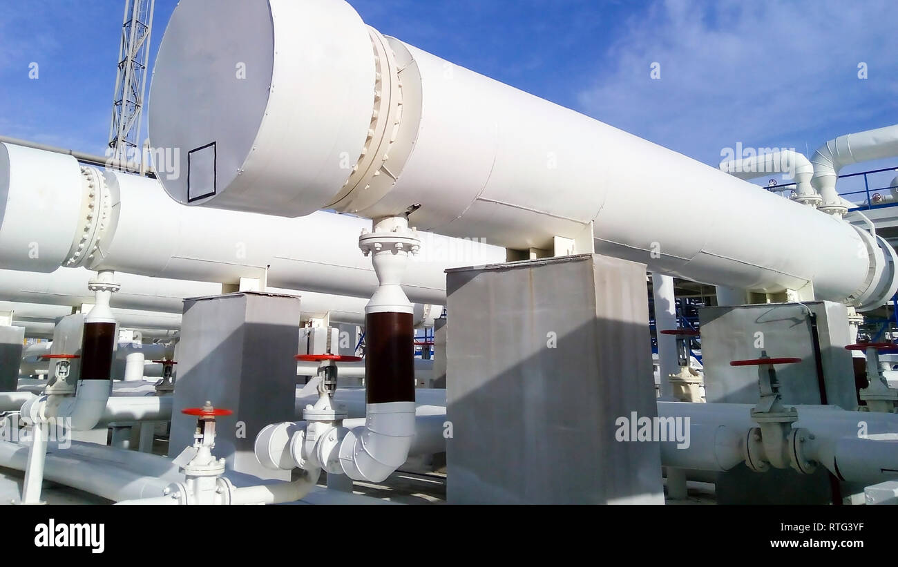 Heat exchangers in a refinery. The equipment for oil refining Stock ...