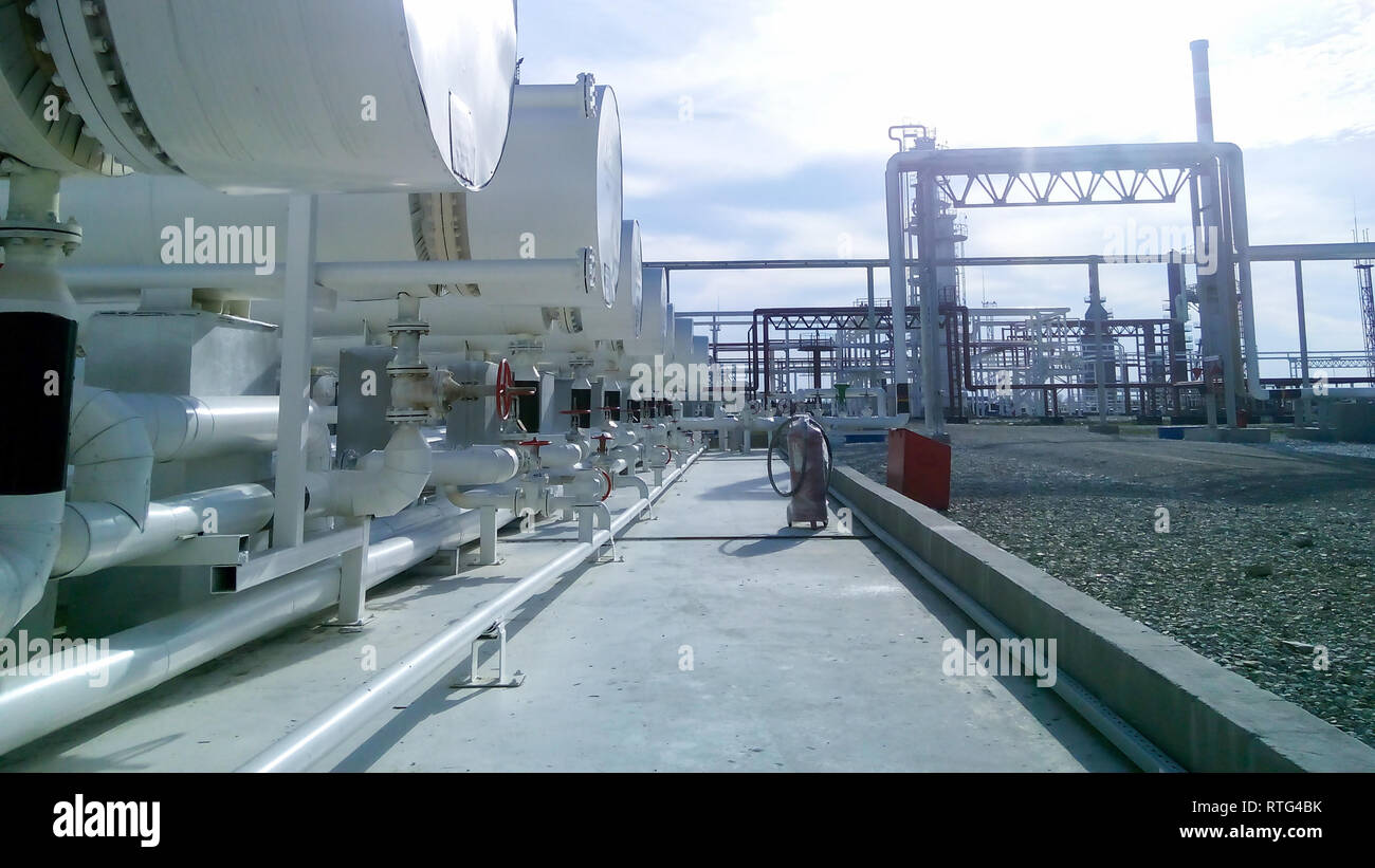 Heat exchangers in a refinery. The equipment for oil refining Stock ...