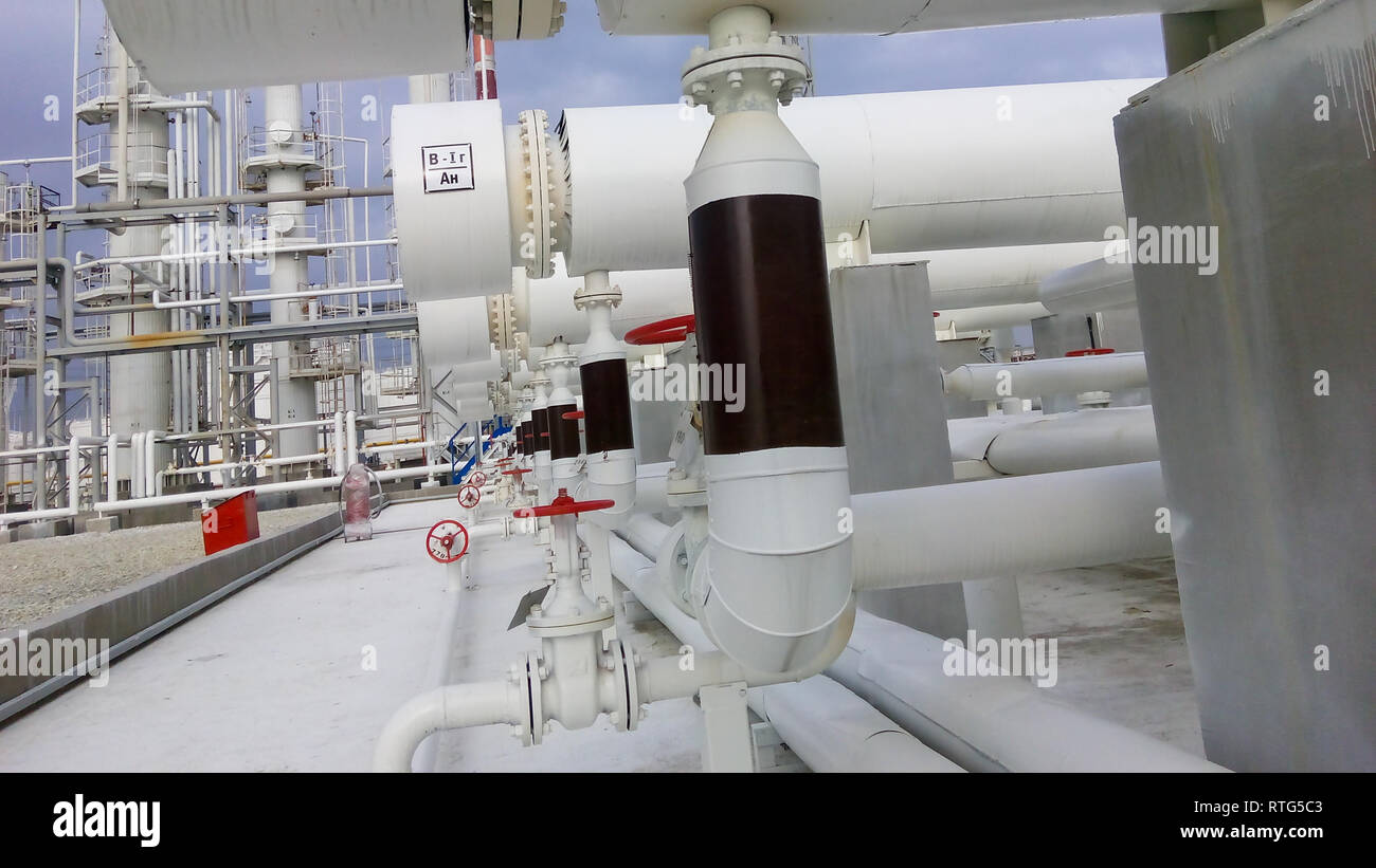 Heat exchangers in a refinery. The equipment for oil refining Stock ...
