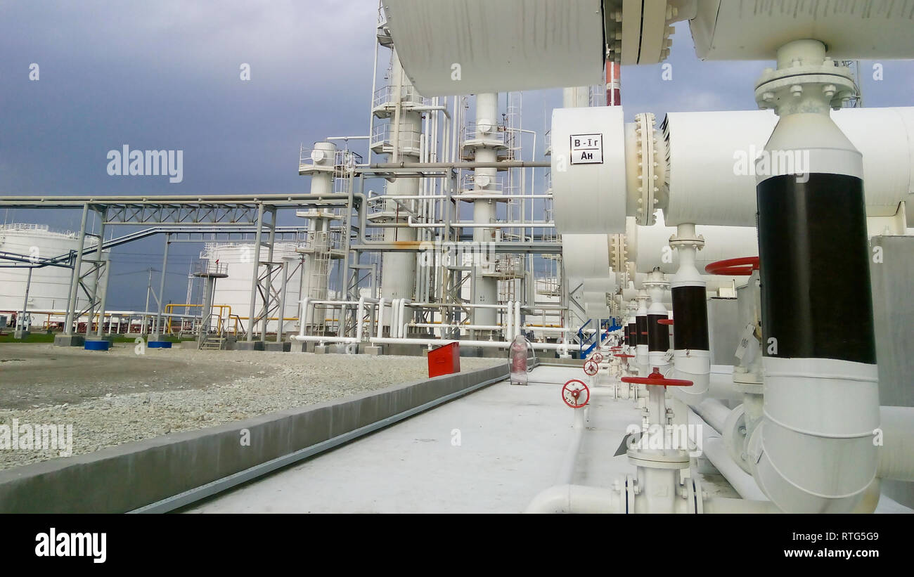 Heat exchangers in a refinery. The equipment for oil refining Stock ...