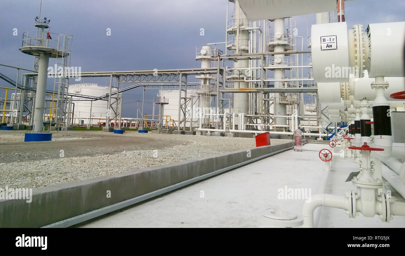 Heat exchangers in a refinery. The equipment for oil refining Stock ...