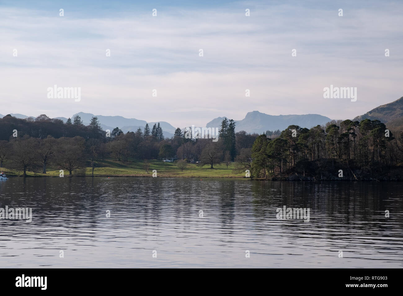 The Langdale Pikes and Bowfell seen over Windermere, Lake District, UK Stock Photo - Alamy