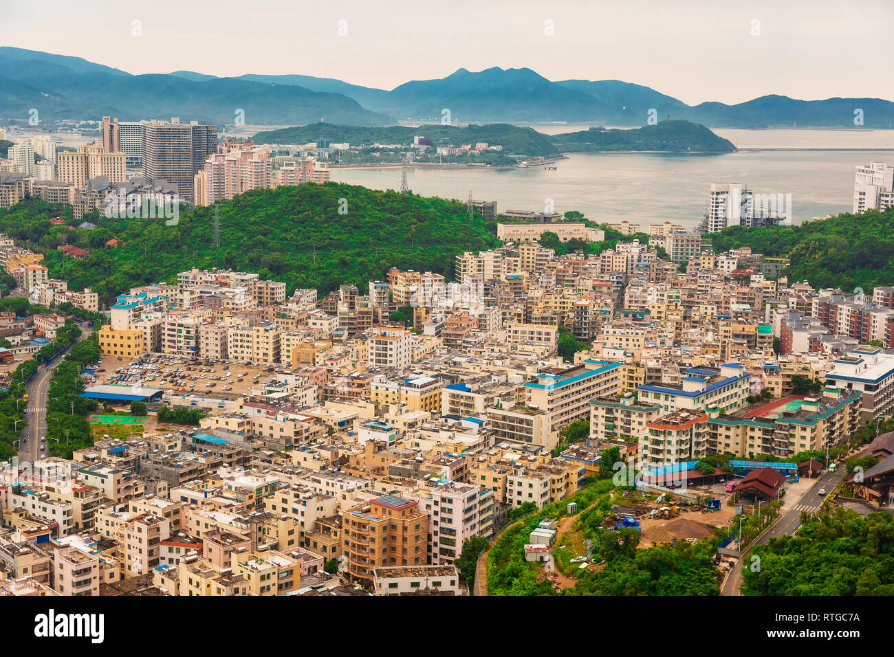 Beautiful Panoramic view of the resort city, China, Hainan. Town Sanya ...