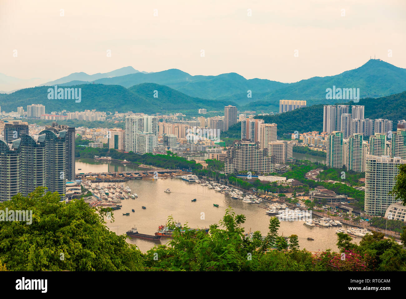 Beautiful Panoramic view of the resort city, China, Hainan. Town Sanya ...