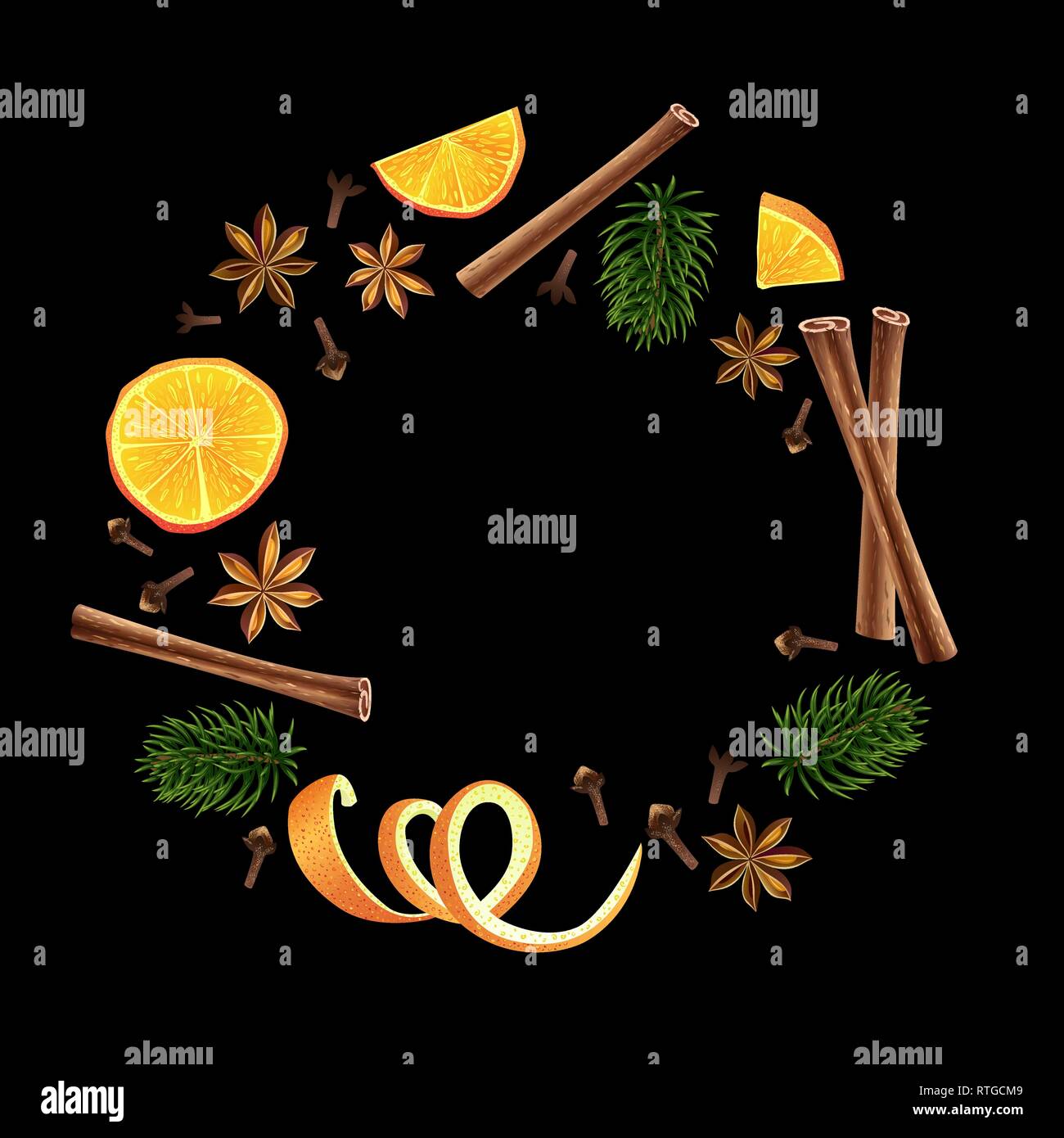 Wreath. Round garland of spices, orange and fir Stock Vector Image ...