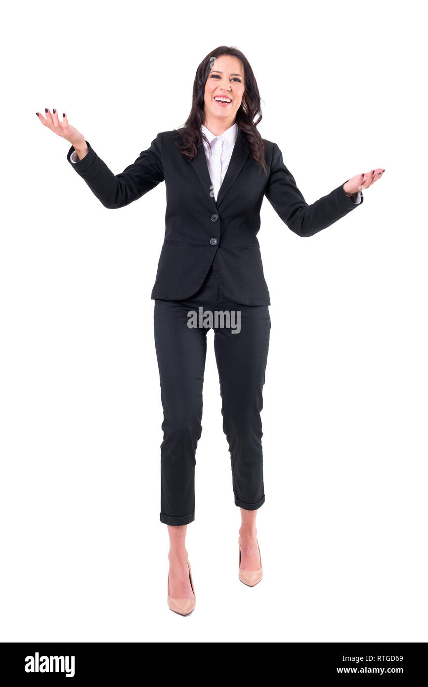 Friendly excited happy business woman welcoming and greeting with open ...