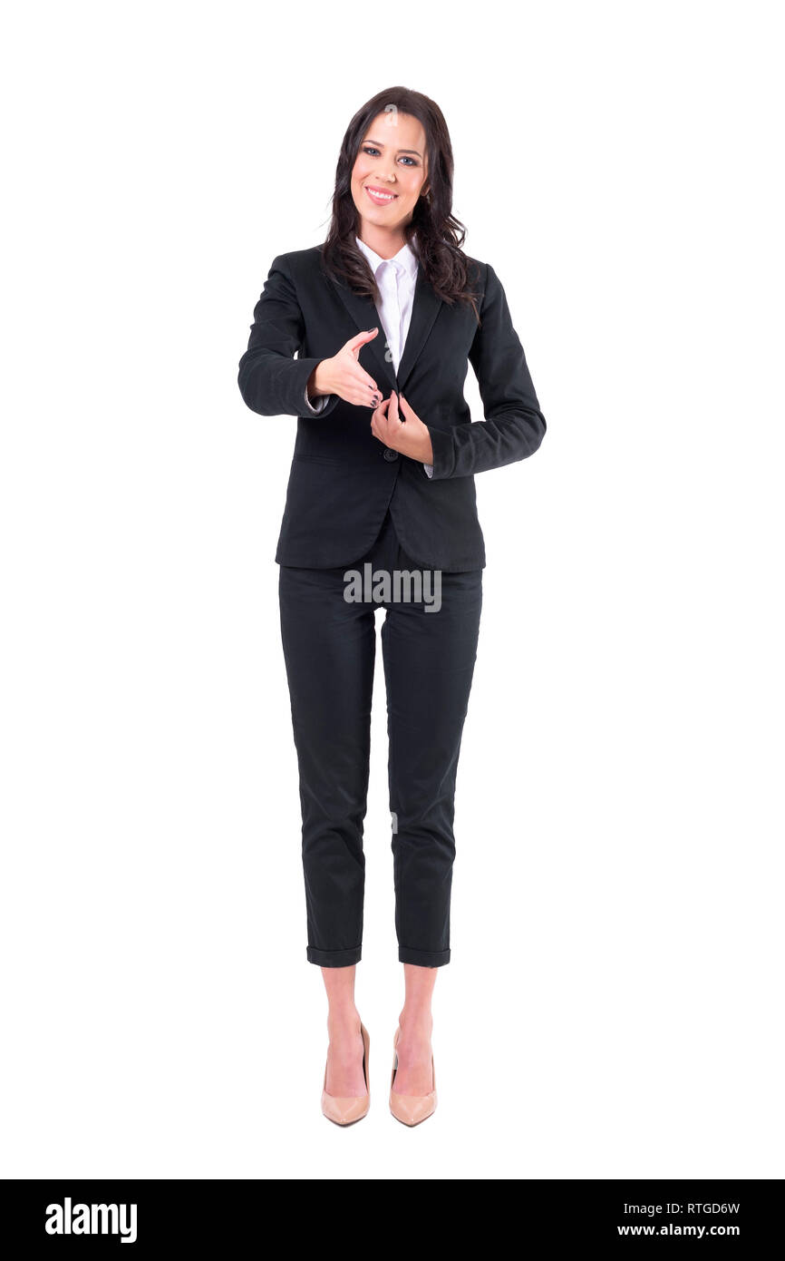 Elegant formal polite smiling business woman in suit offering hand for ...
