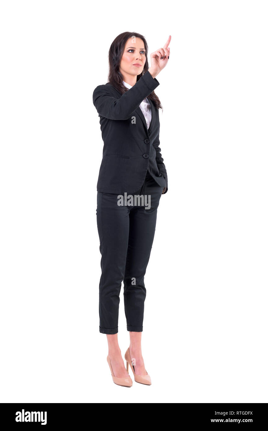 Elegant confident business woman pushing button with finger on ...