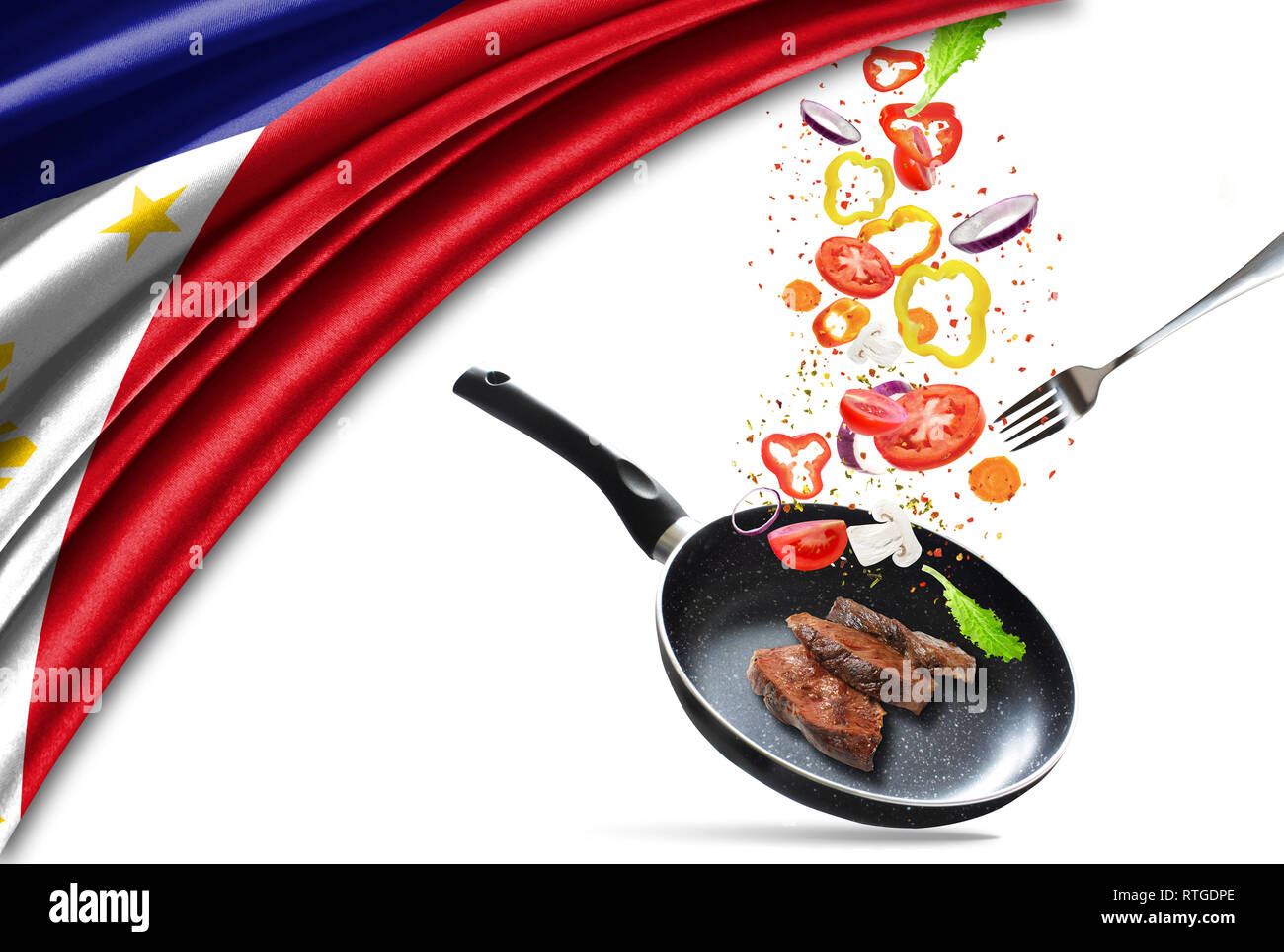 Frying pan with falling vegetables and meat, isolated. On the ...