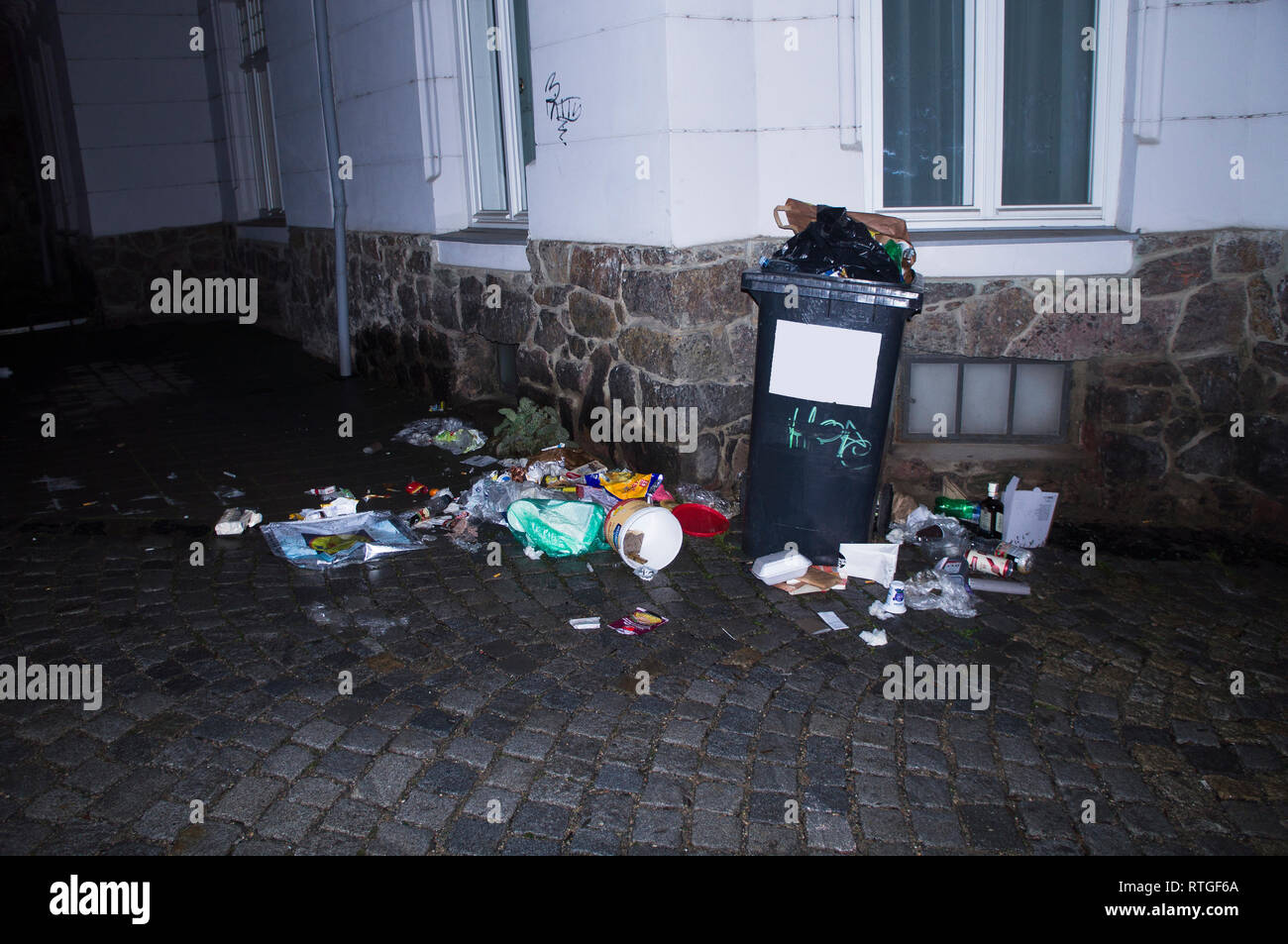 overfilled garbage plastic bin, assorted waste, rubbish, Brno, Czech ...
