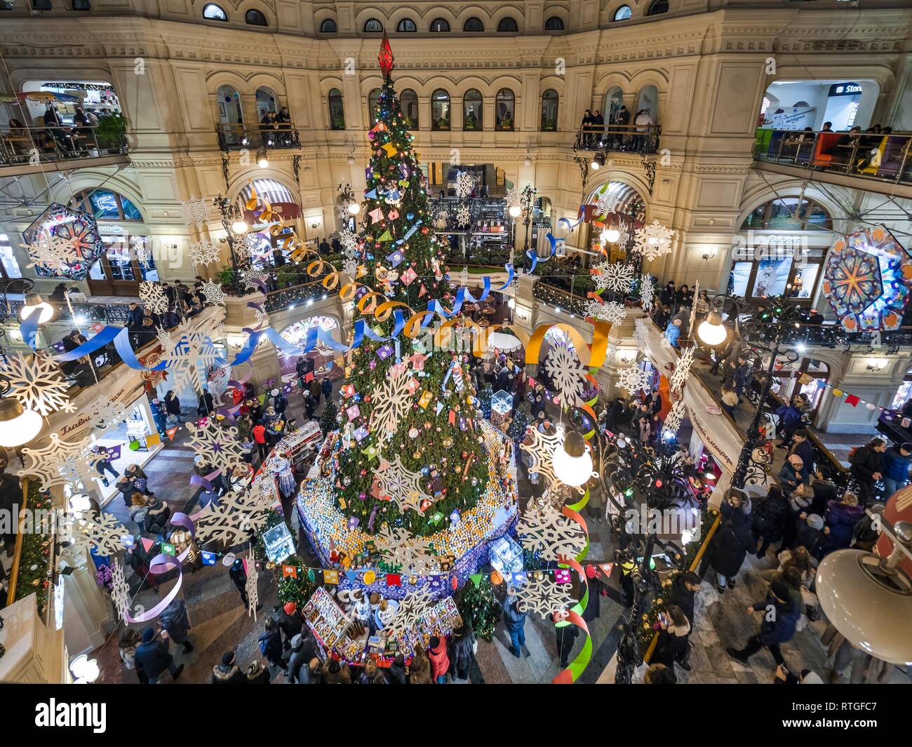 Russia, Moscow. A Christmas tree at the GUM department store Stock ...