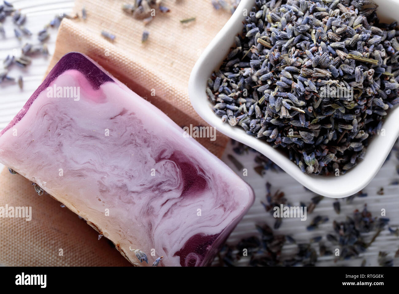 Bar of natural organic soap with lavender. Handmade soap making Stock ...