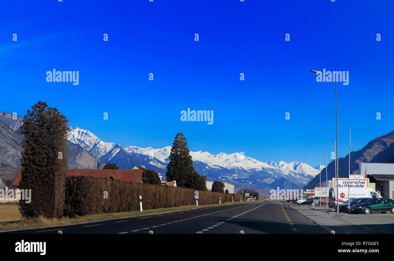 Rhone valley between Martigny and Sion, Canton of Valais, Switzerland ...