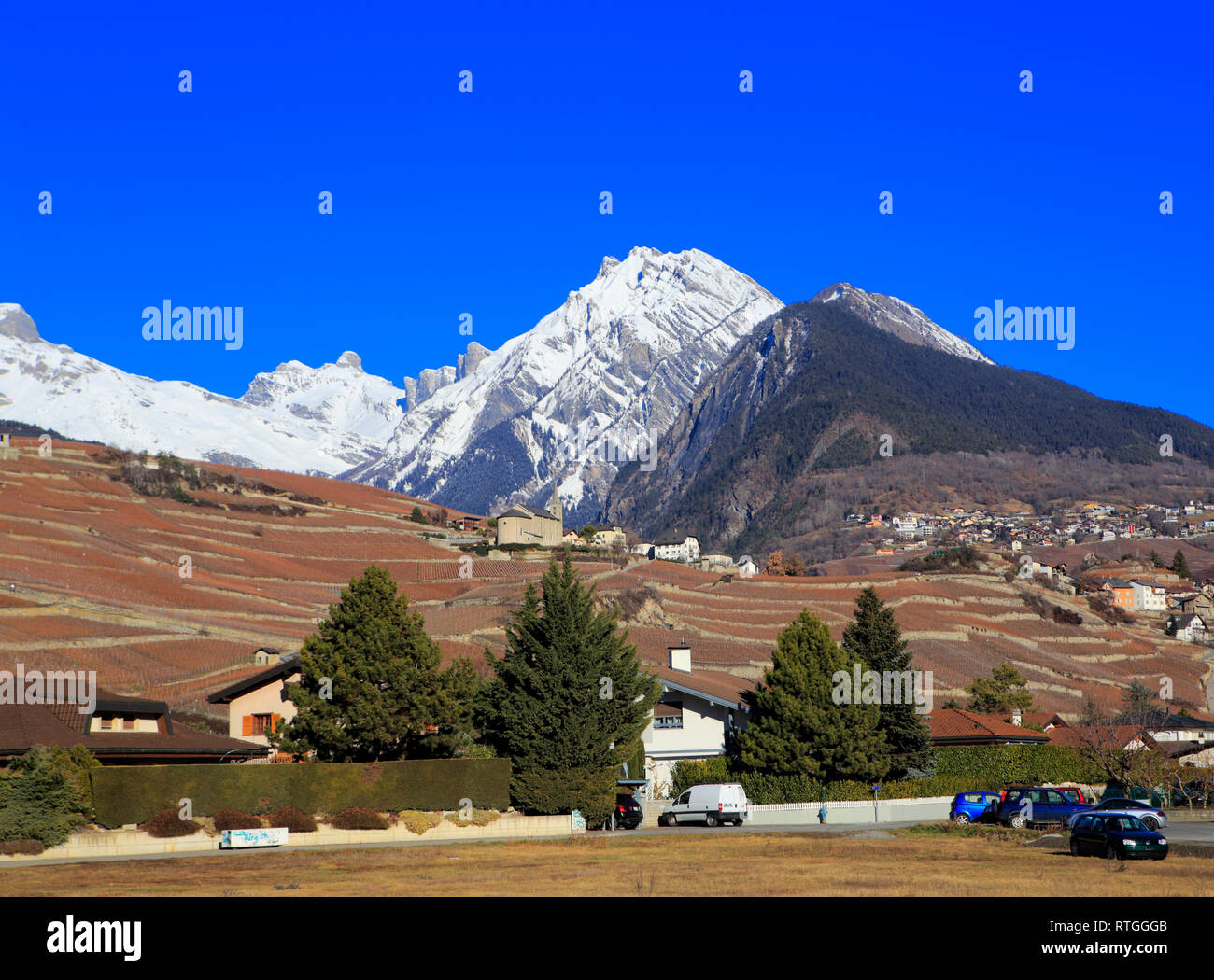 Rhone valley between Martigny and Sion, Canton of Valais, Switzerland ...