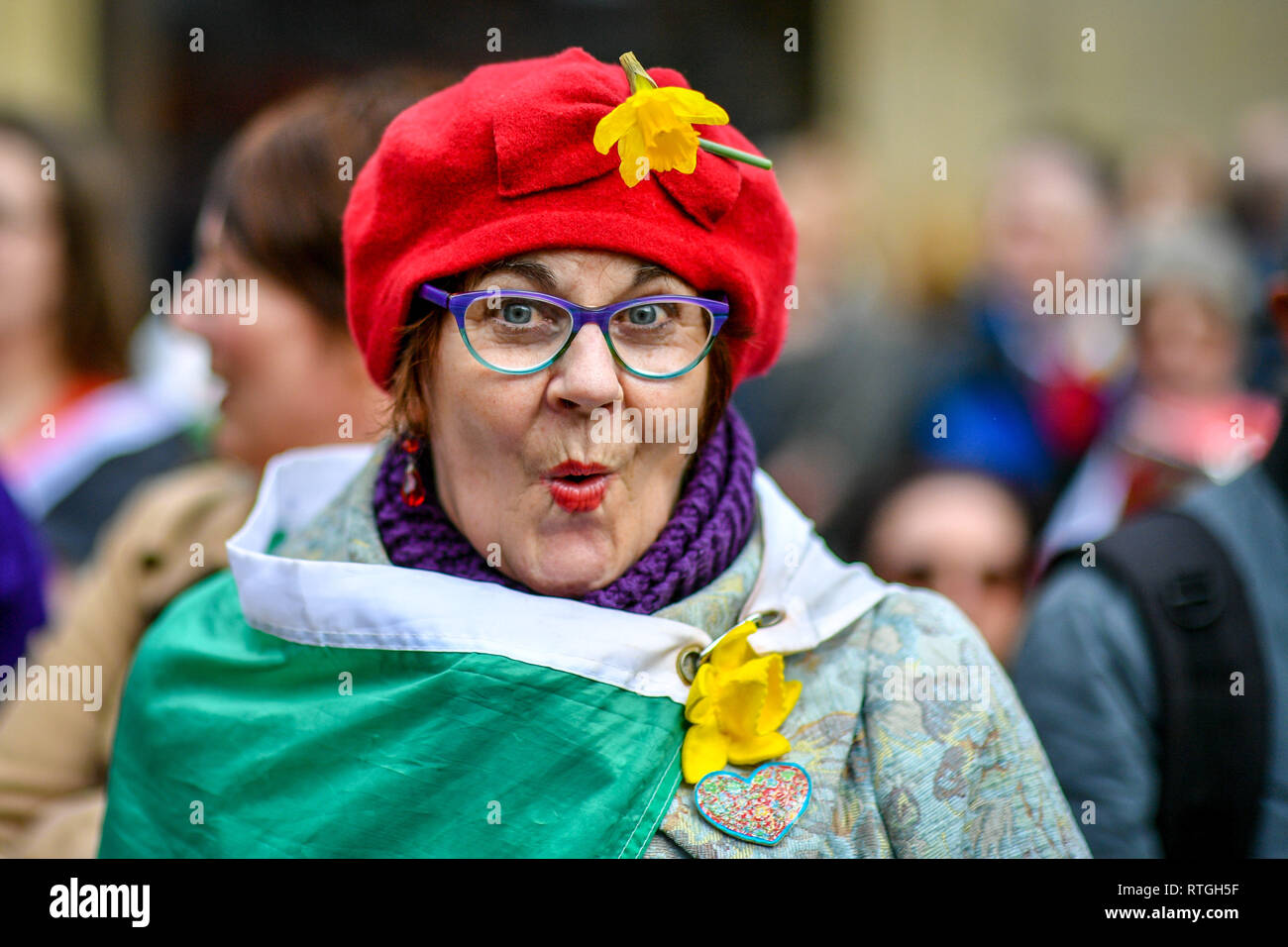 Gwenno Dafydd wears a daffodil on her hat and jacket during a St David ...