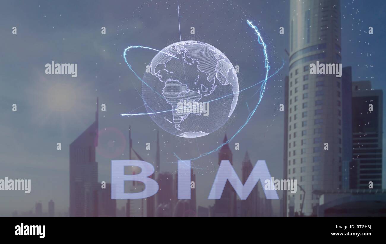 BIM text with 3d hologram of the planet Earth against the backdrop of ...