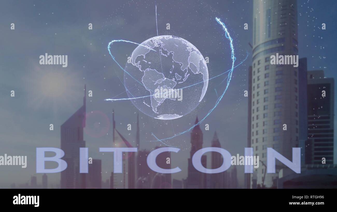 Bitcoin text with 3d hologram of the planet Earth against the backdrop ...